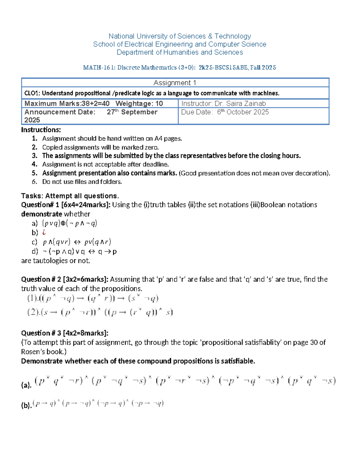 Discrete Mathematics (CLO1) Assignment #1 - Fall 2025 - Studocu