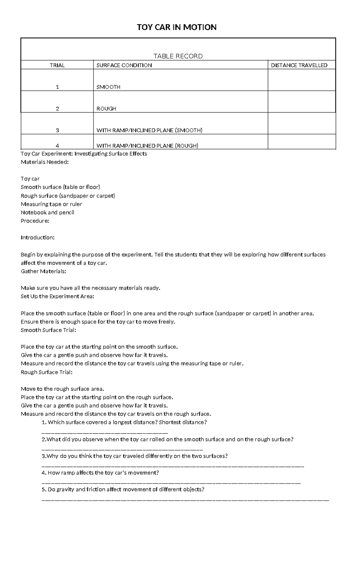Toy Car Experiment: Surface Effects Activity Sheet for Kids - Studocu