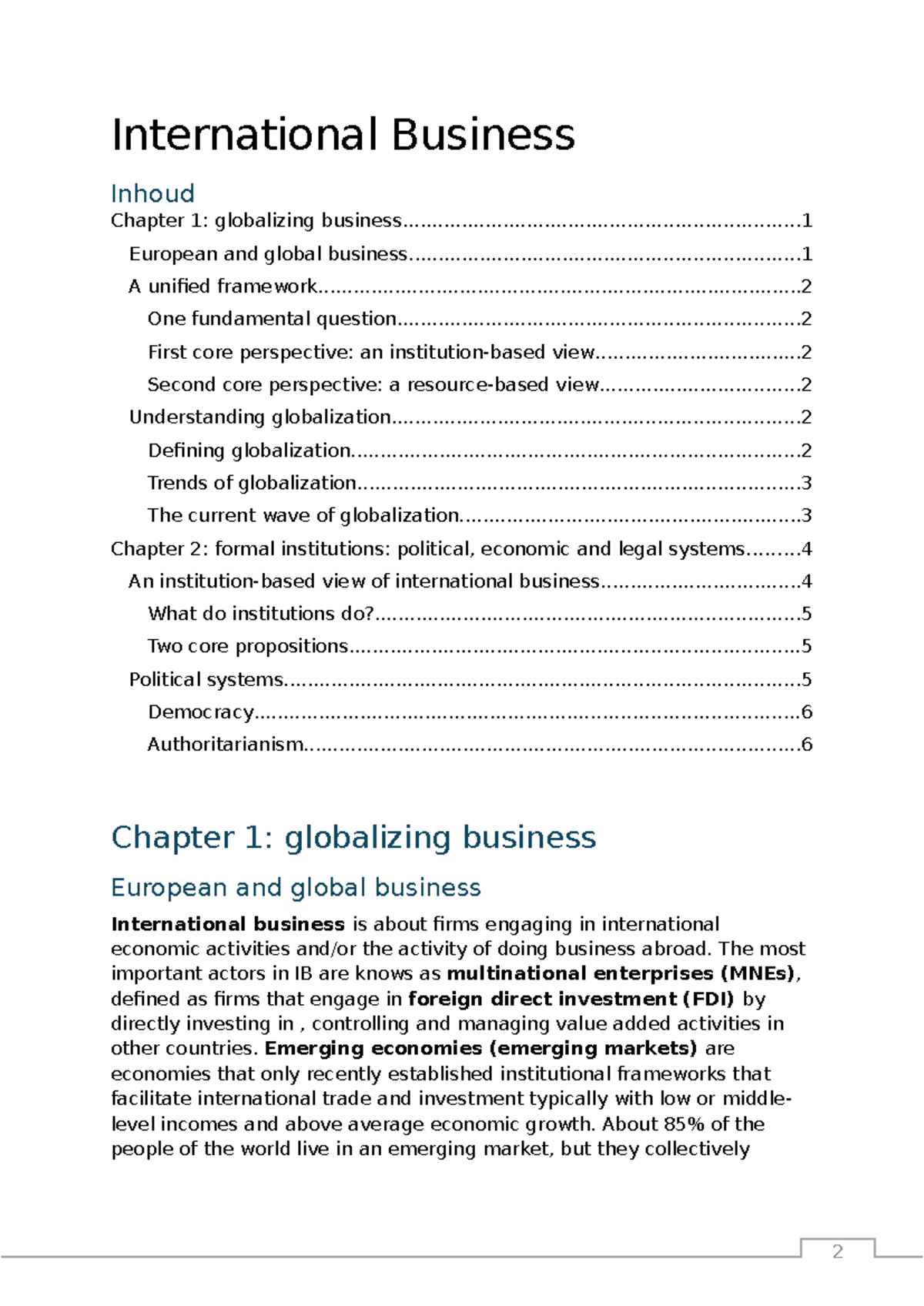 International Business (IB) Summary: Chapters 1 & 2 Insights - Studeersnel
