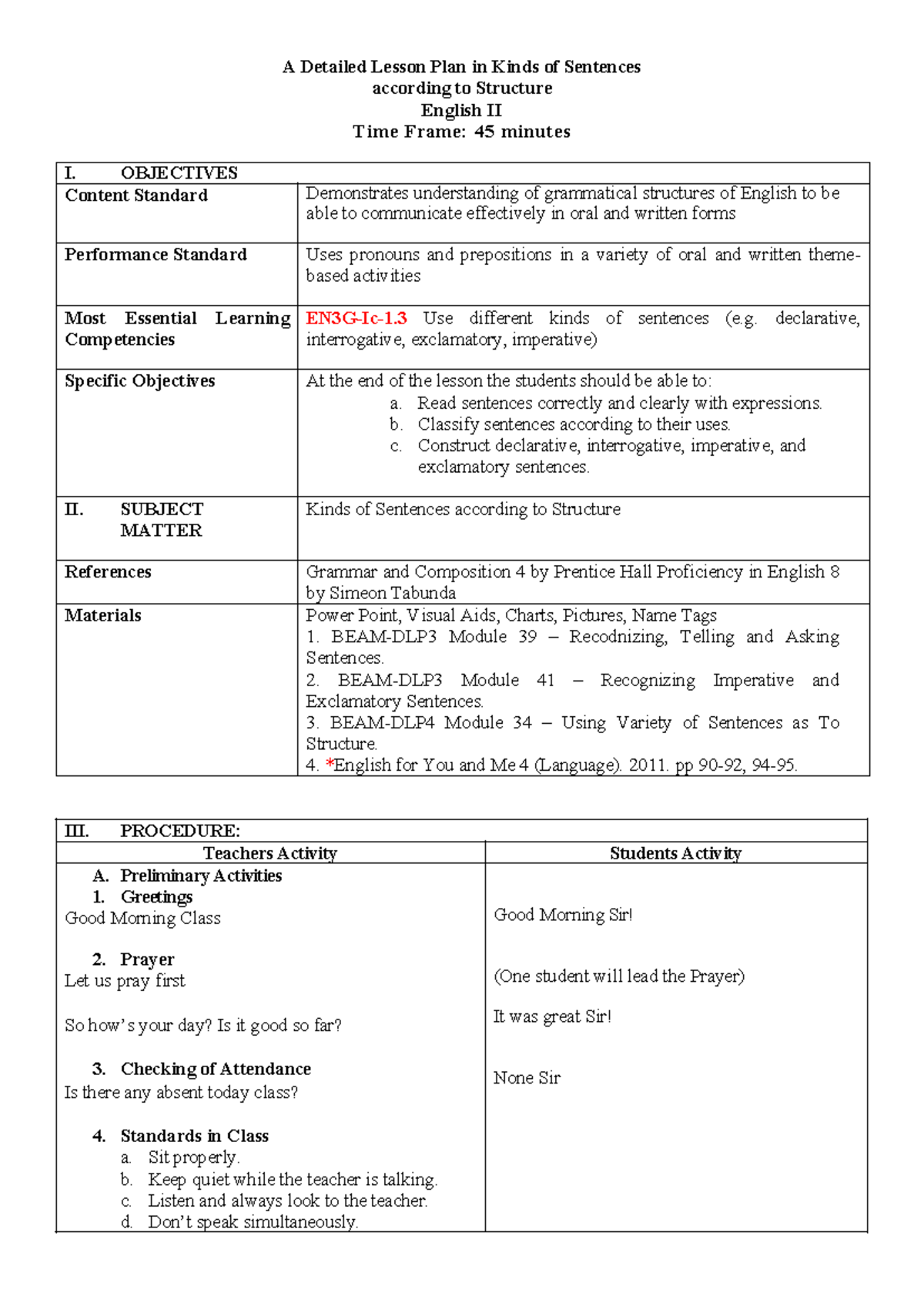 Jasper English Lesson Plan Sentences - A Detailed Lesson Plan in Kinds ...