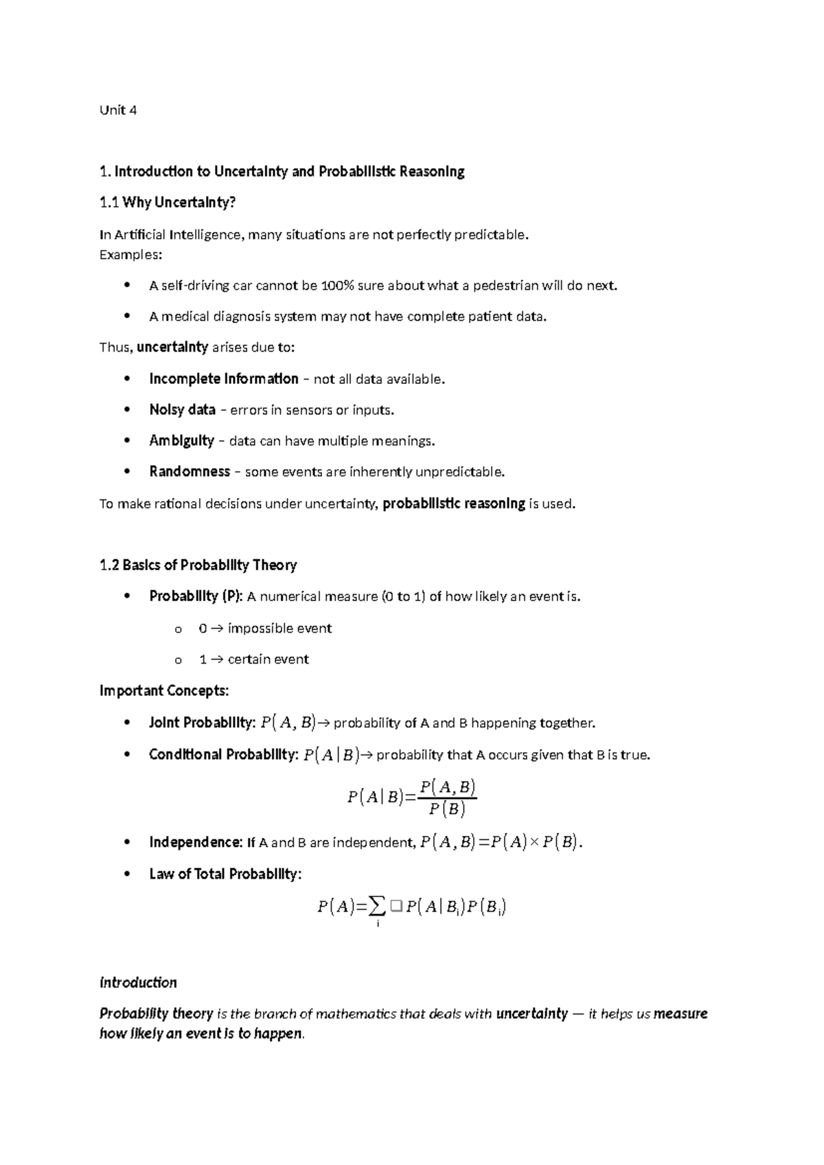 Unit 4 - Introduction to Uncertainty & Probabilistic Reasoning in AI ...