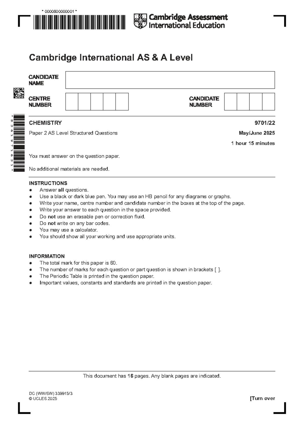Cambridge International AS A Level 9701 Chemistry Paper 2 Structured ...