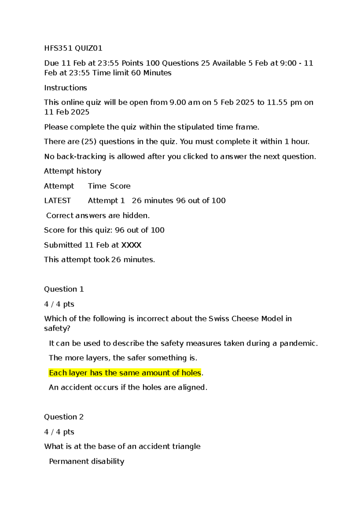 HFS351 QUIZ01 - Online Quiz Instructions and Questions (Feb 2025) - Studocu