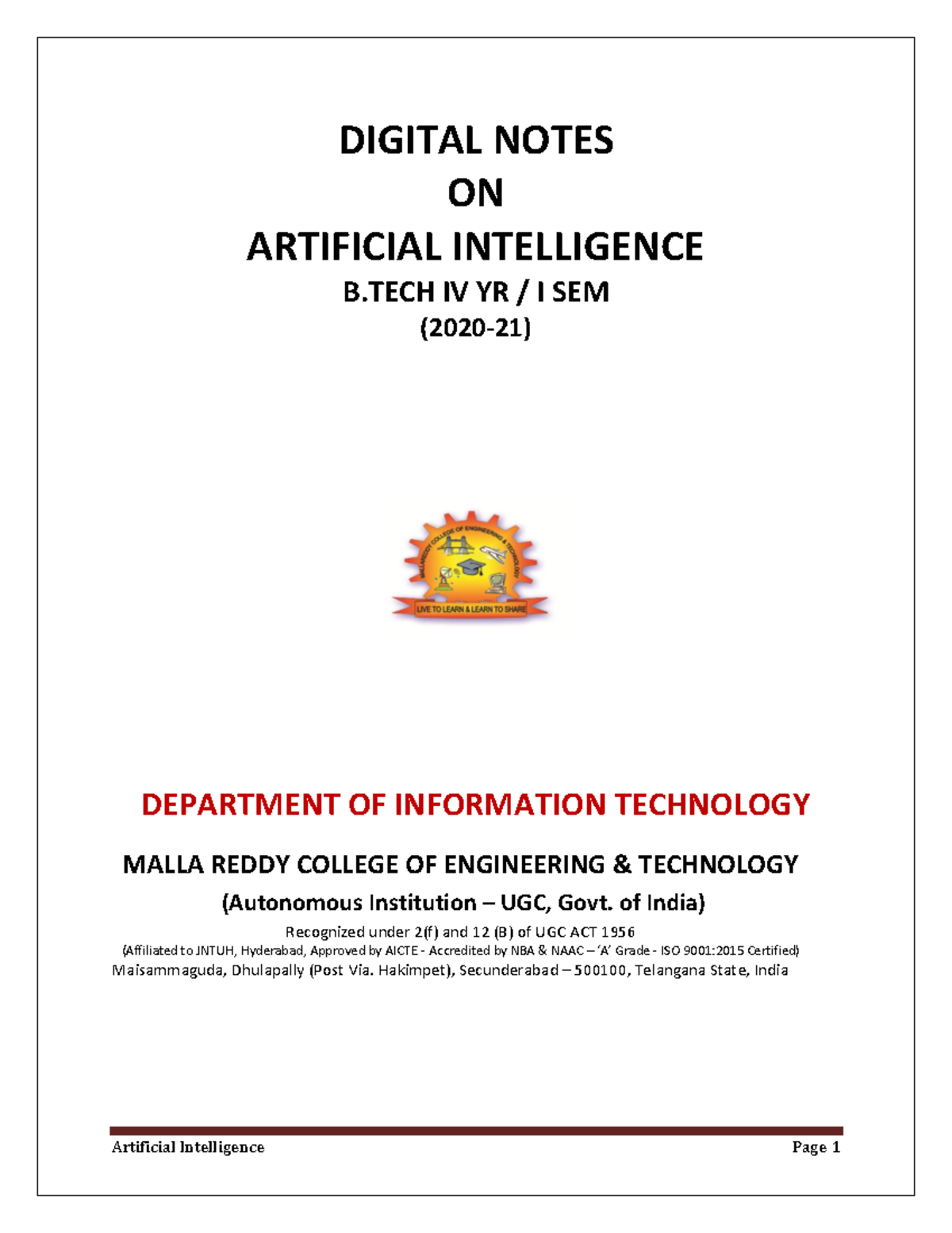 AI Concepts and Techniques: Digital Notes for B.Tech IVYr / I Sem - Studocu