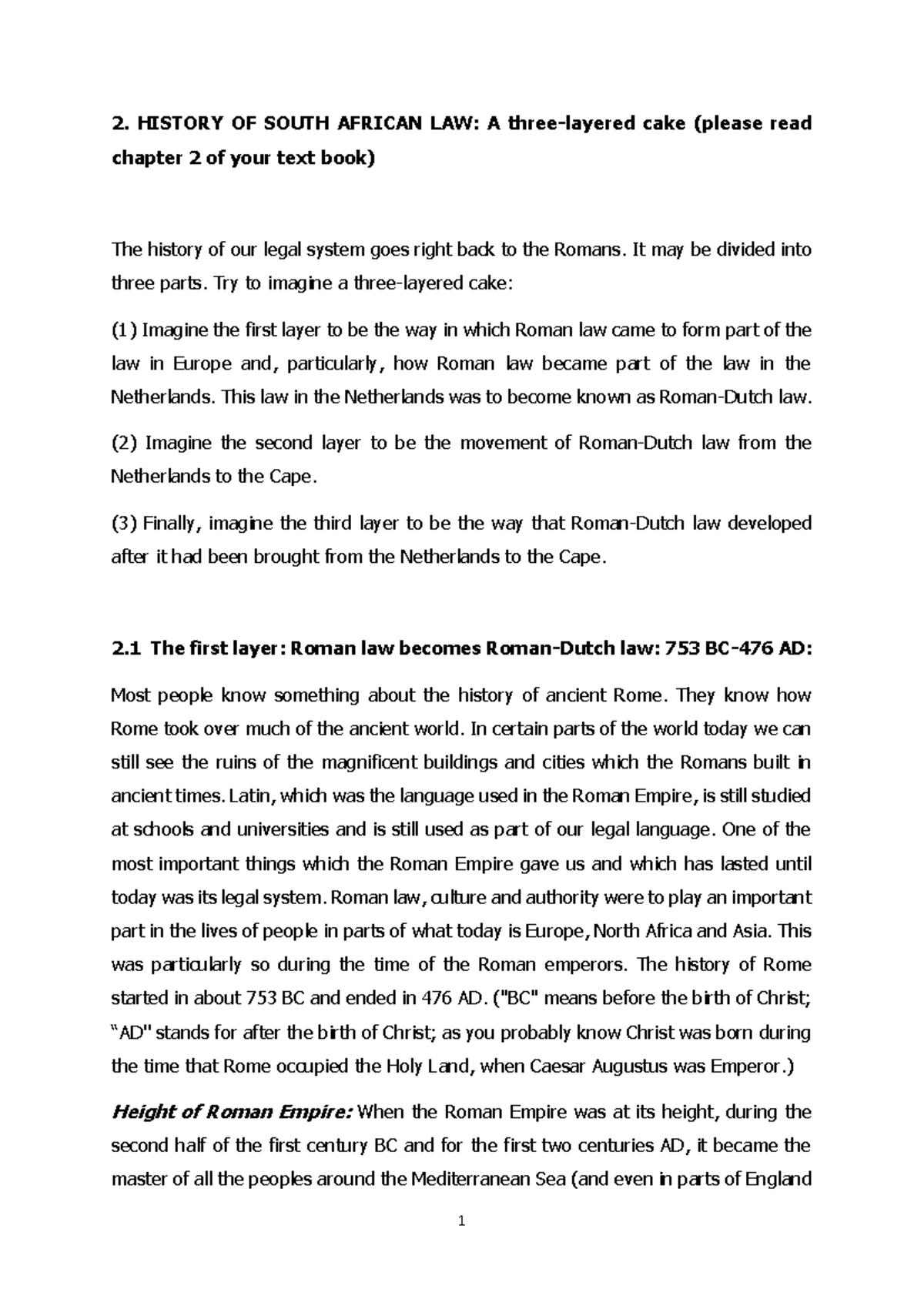 INT - History OF SA Legal System AND Sources OF LAW - 2. HISTORY OF ...