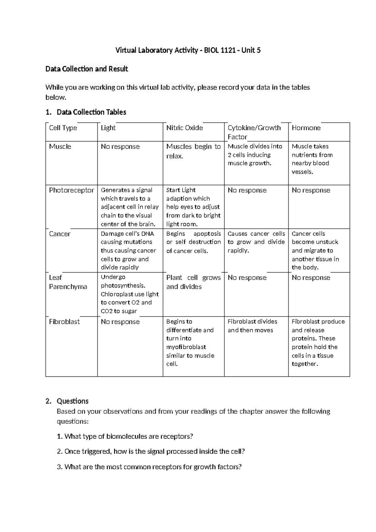 BIOL 1121 - Unit 5 Lab: Data Collection & Signaling in Cells - Studocu