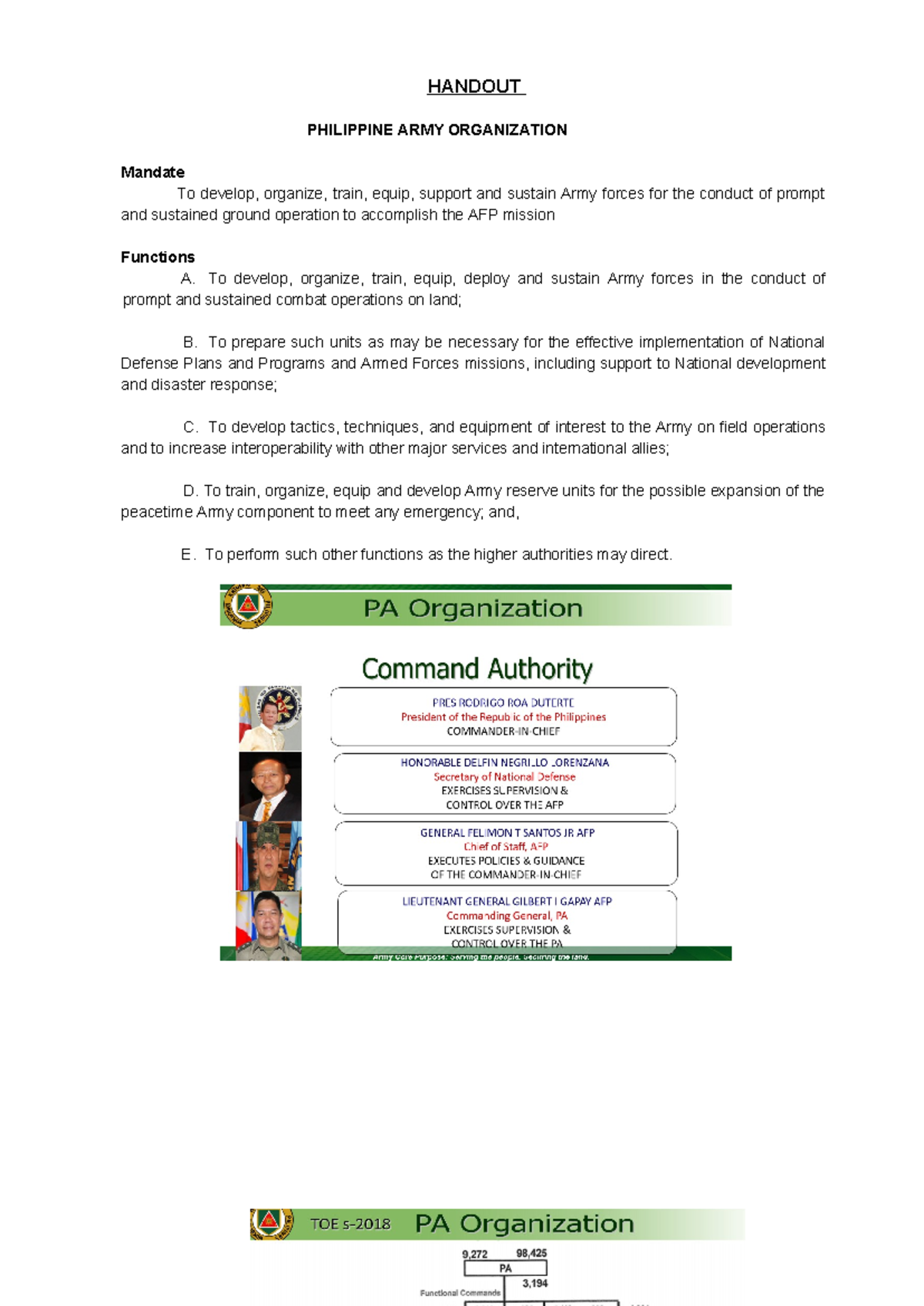 PHILIPPINE ARMY ORGANIZATION: Structure, Functions & Capabilities - Studocu