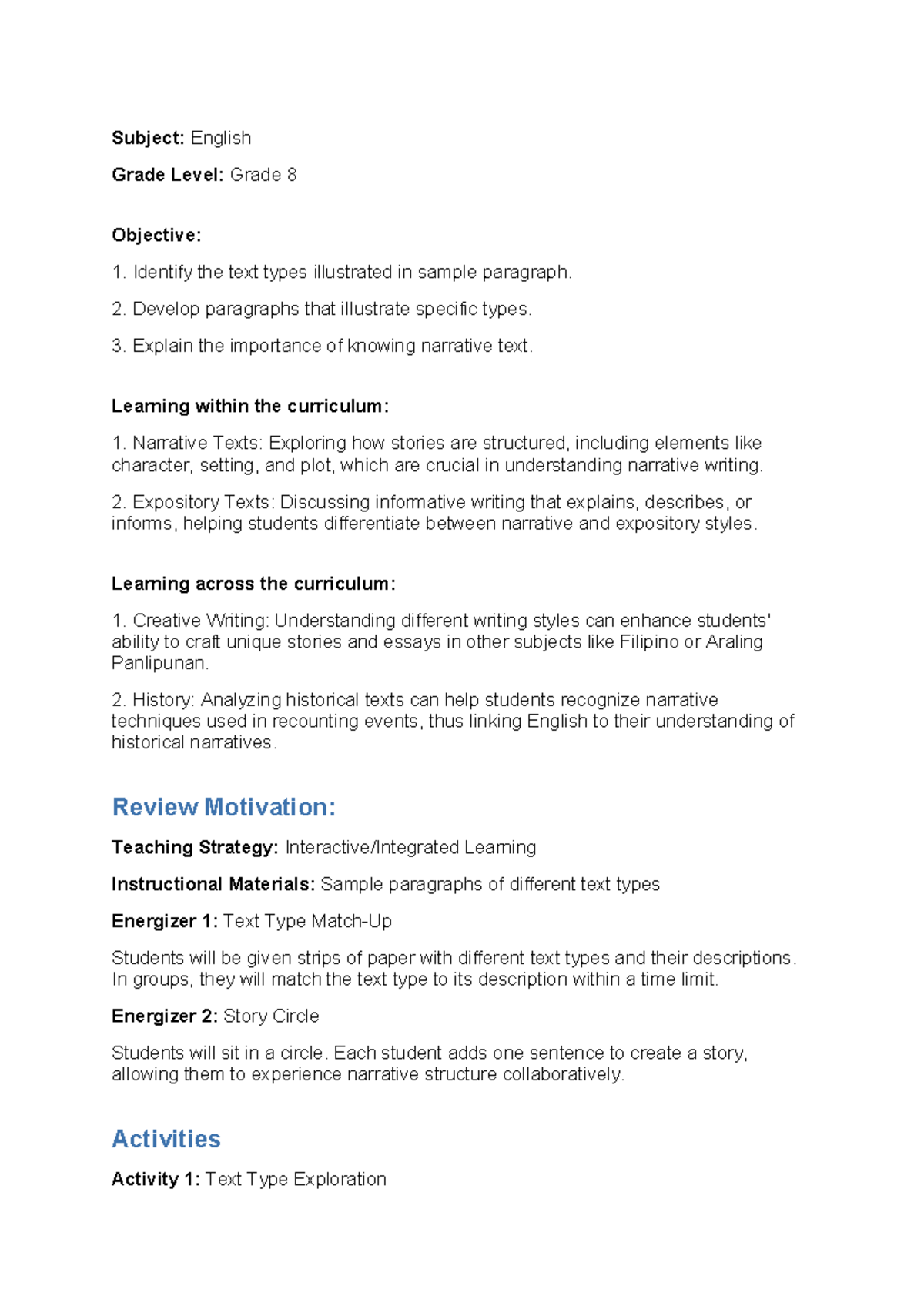 Lesson Plan: Understanding Narrative and Expository Texts for Grade 8 ...