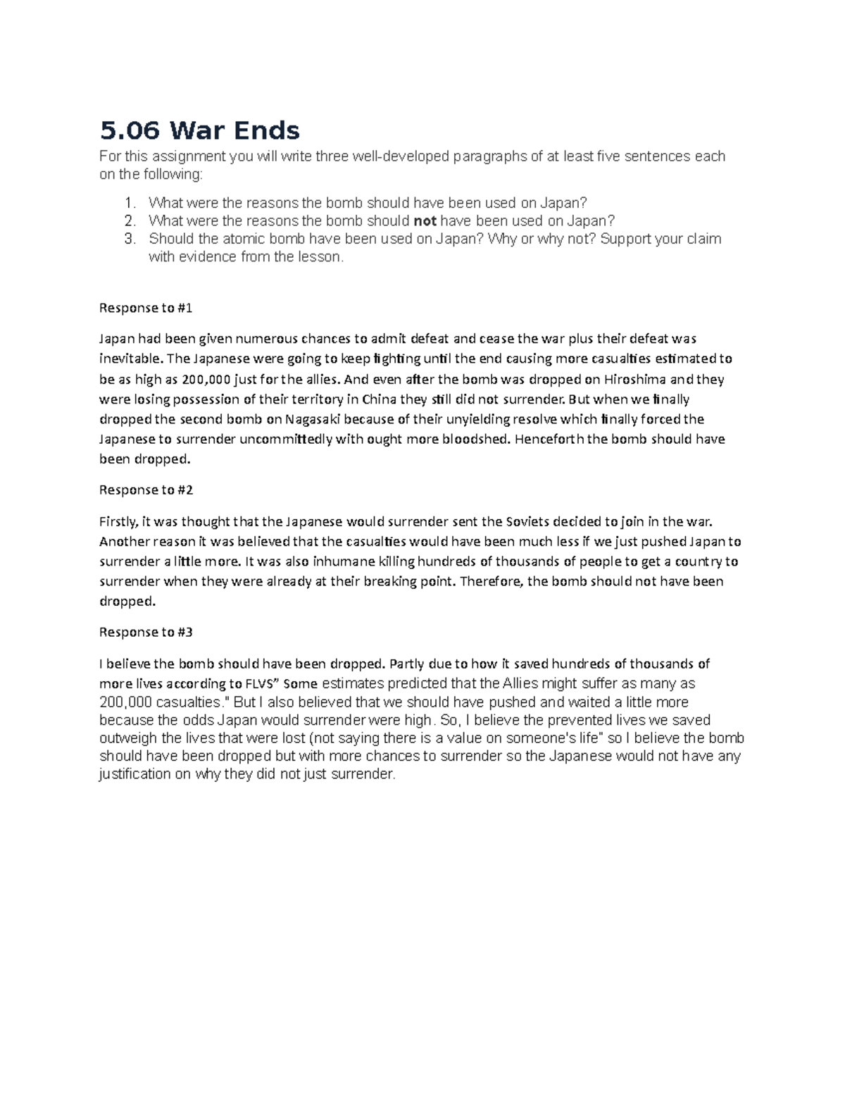 5.06 War ends - .... - 5 War Ends For this assignment you will write ...