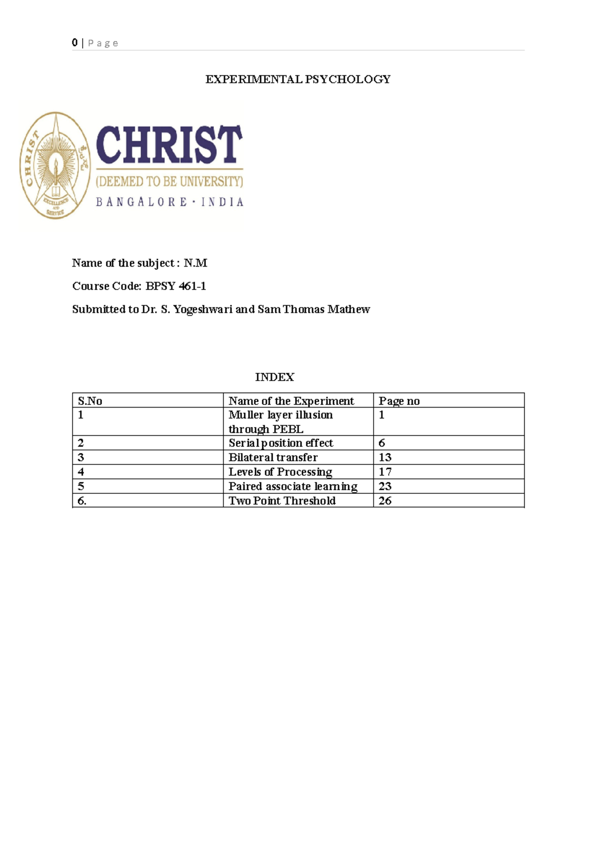 BPSY 461 - Experimental Psychology: Key Experiments Overview - Studocu
