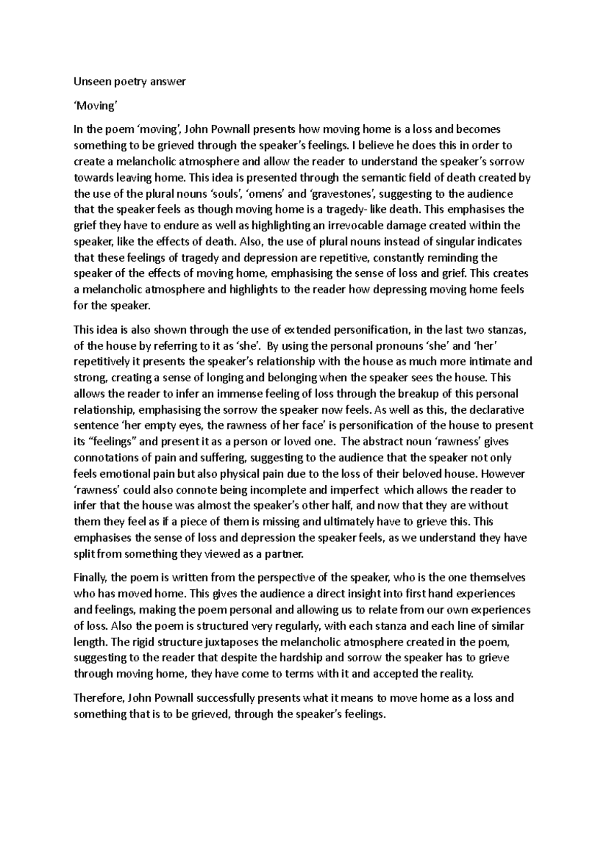 ENG101: Unseen Poetry Analysis of 'Moving' by John Pownall - Studocu