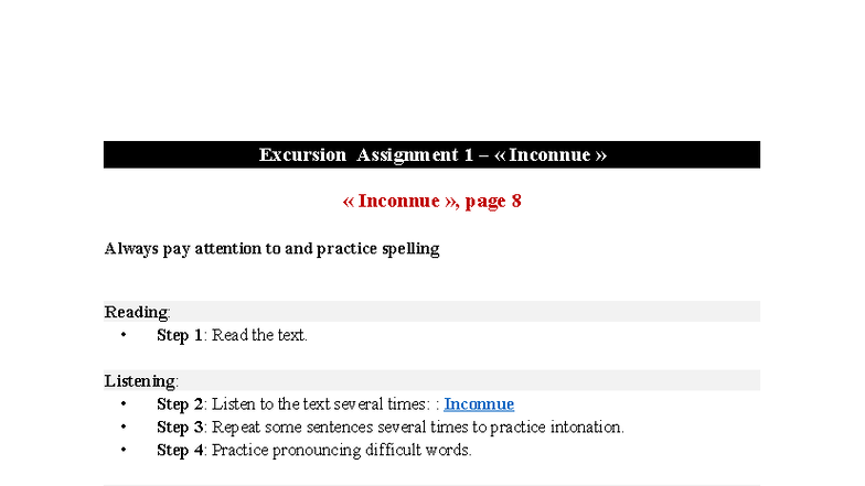 Excursion Assignment 1: Inconnue - Spelling & Comprehension Guide - Studocu