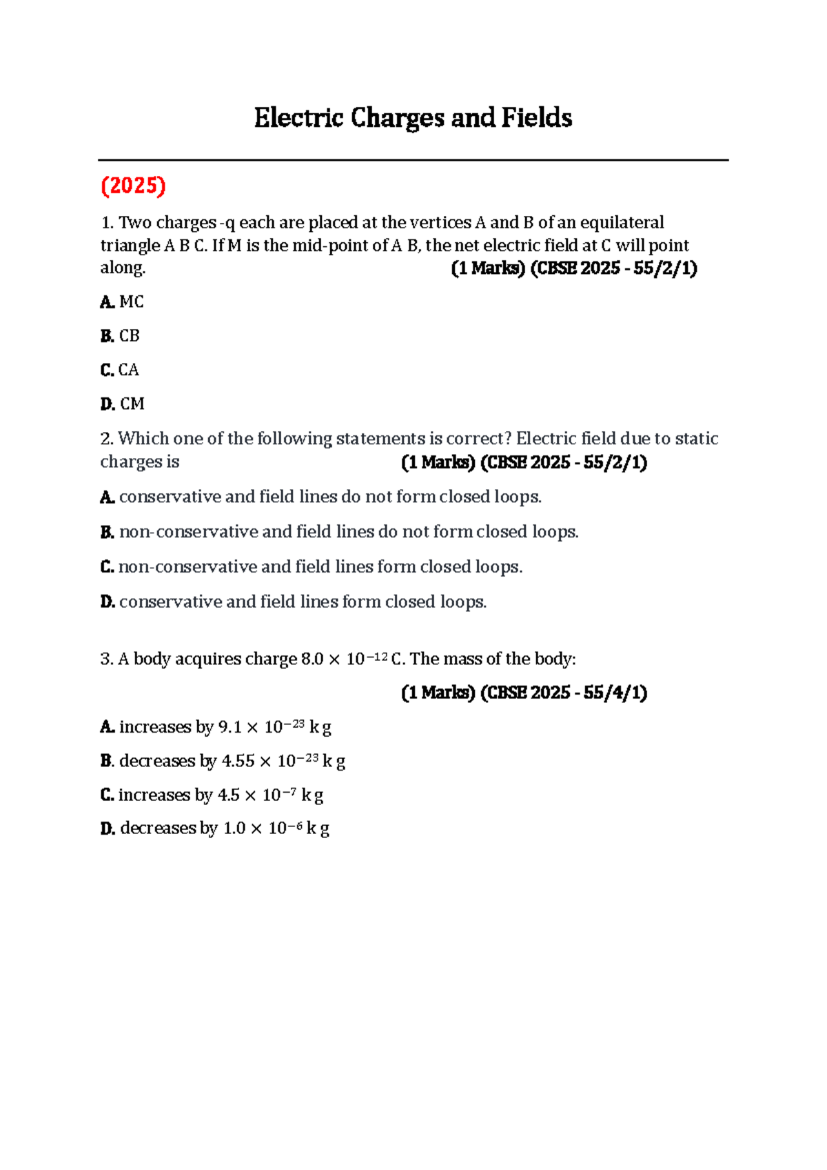 Electric Charges and Fields - CBSE 2025 Exam Notes - Studocu