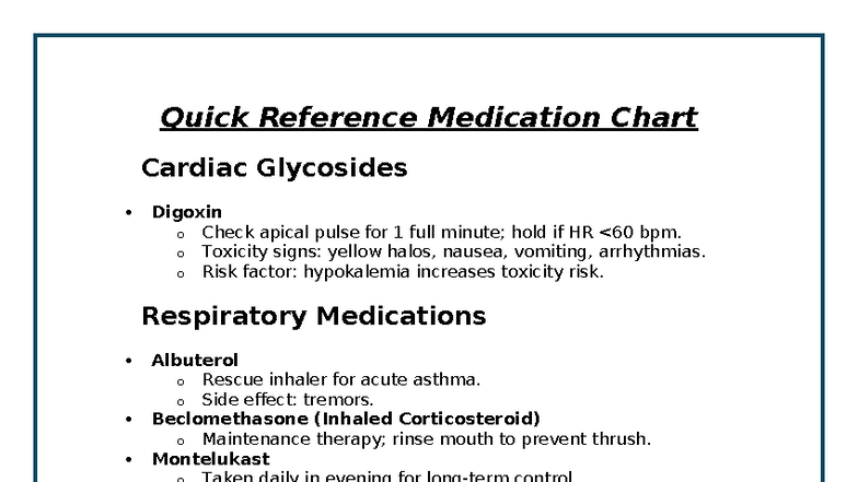 Quick Reference Medication Chart: Cardiac Glycosides & More - Studocu
