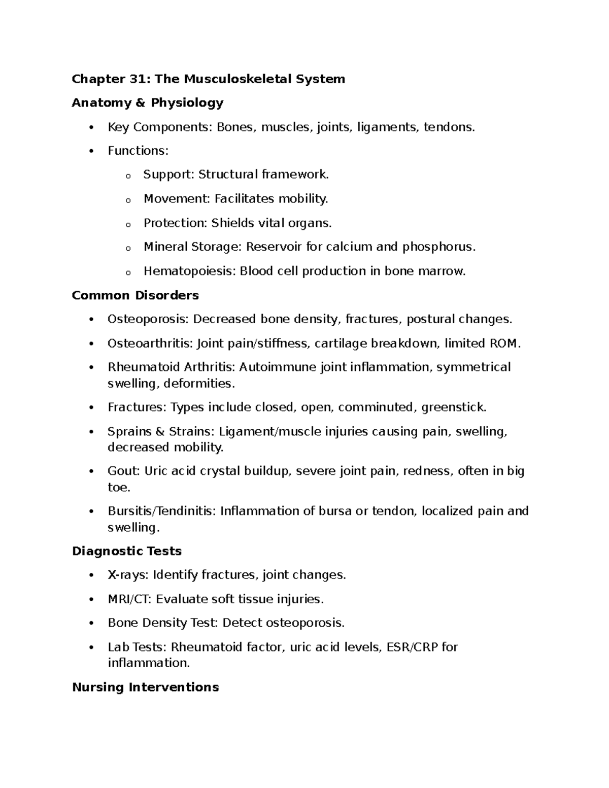 Study Guide for Anatomy & Physiology of Musculoskeletal System (Ch 31 & 32) - Studocu