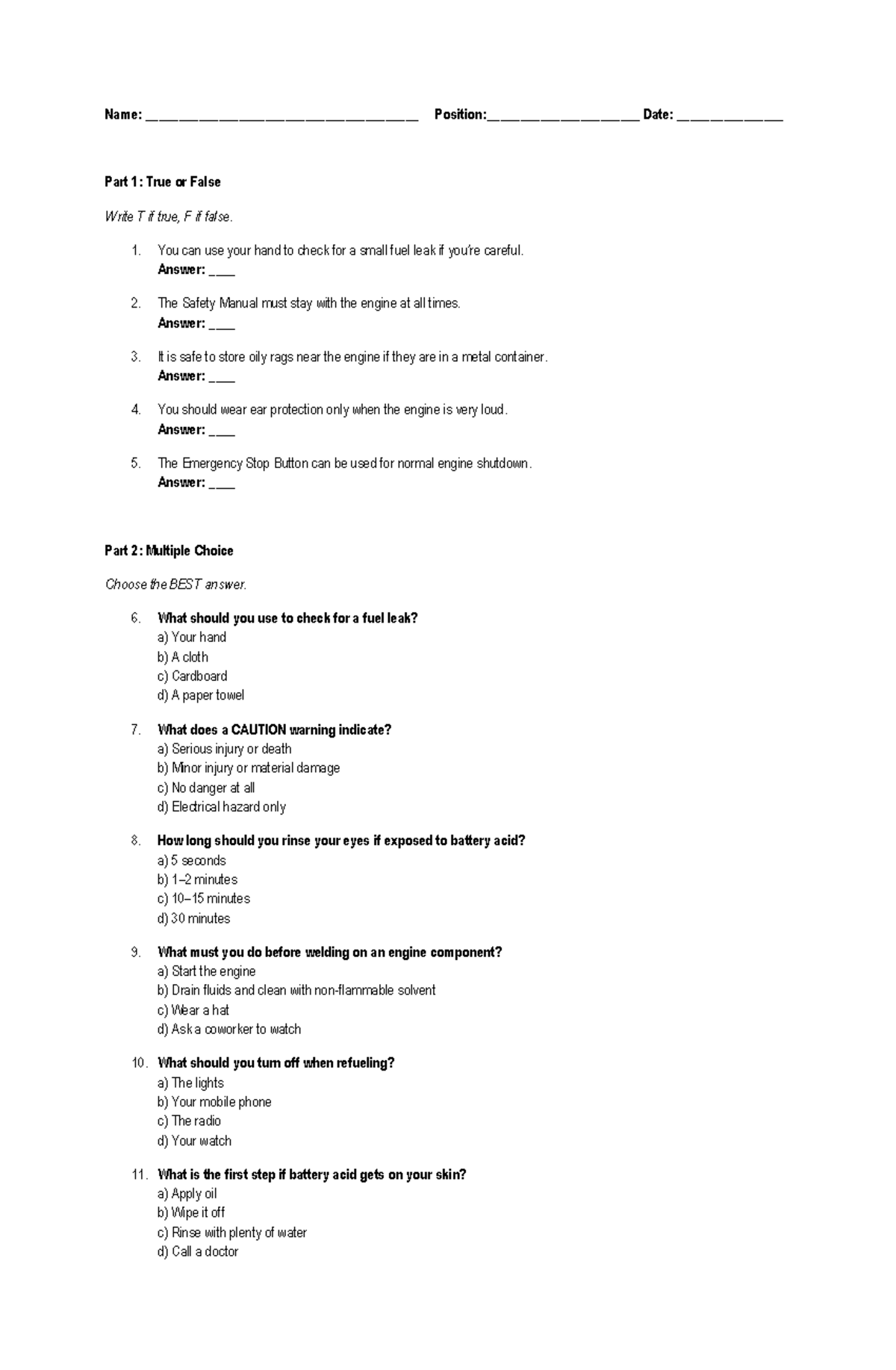 Safety Procedures Assessment: True/False & Multiple Choice Questions ...