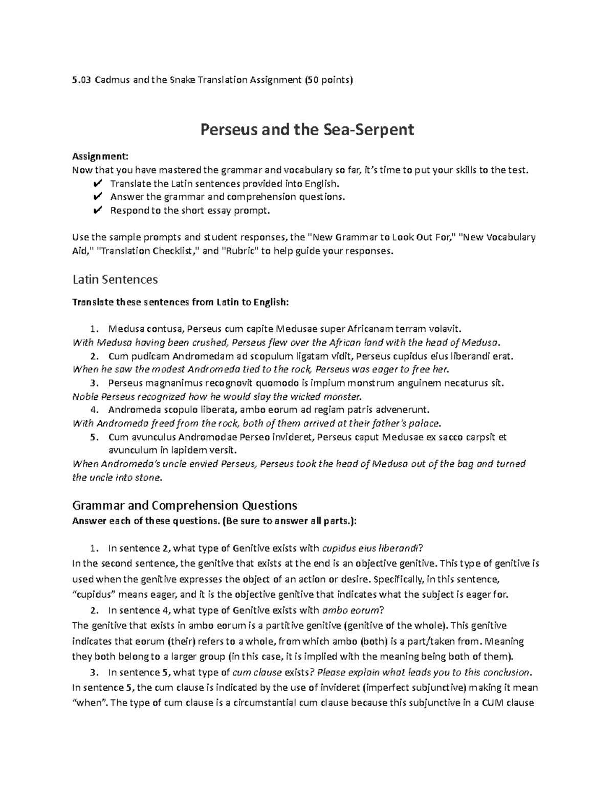 5.03 Latin Translation Assignment: Perseus and the Sea-Serpent - Studocu