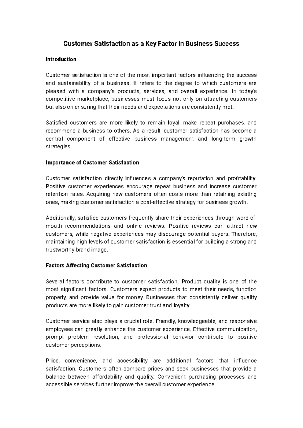 Customer Satisfaction: Key to Business Success and Growth - Studocu