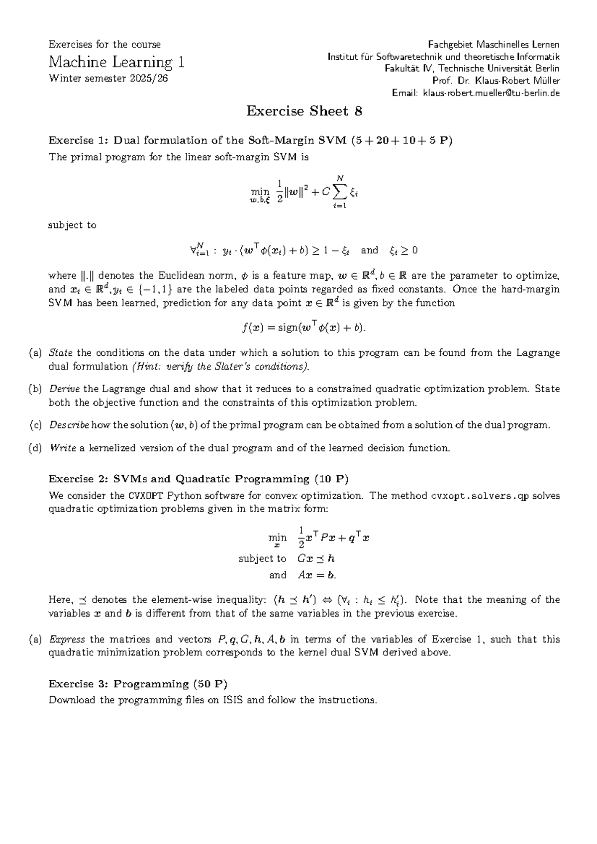Machine Learning IV - Exercise Sheet 8: SVM Dual Formulation - Studocu
