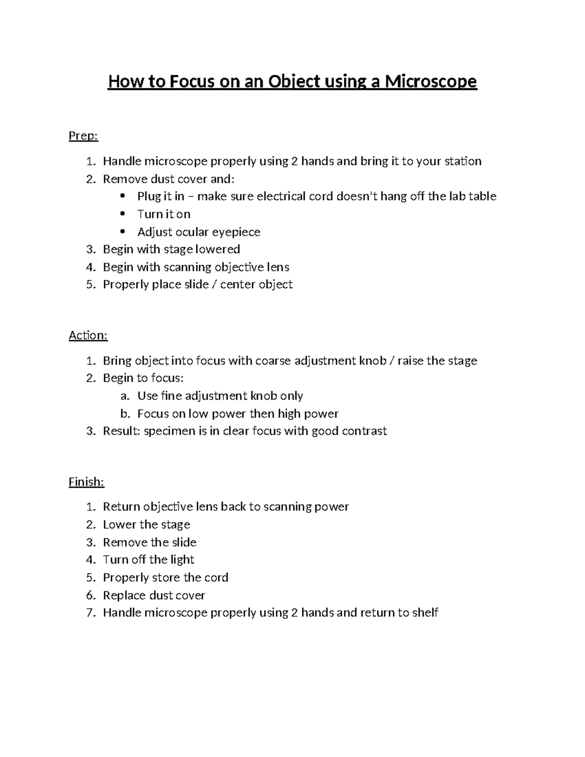 Microscope Handling & Focusing Techniques: Lab Prep Guide - Studocu