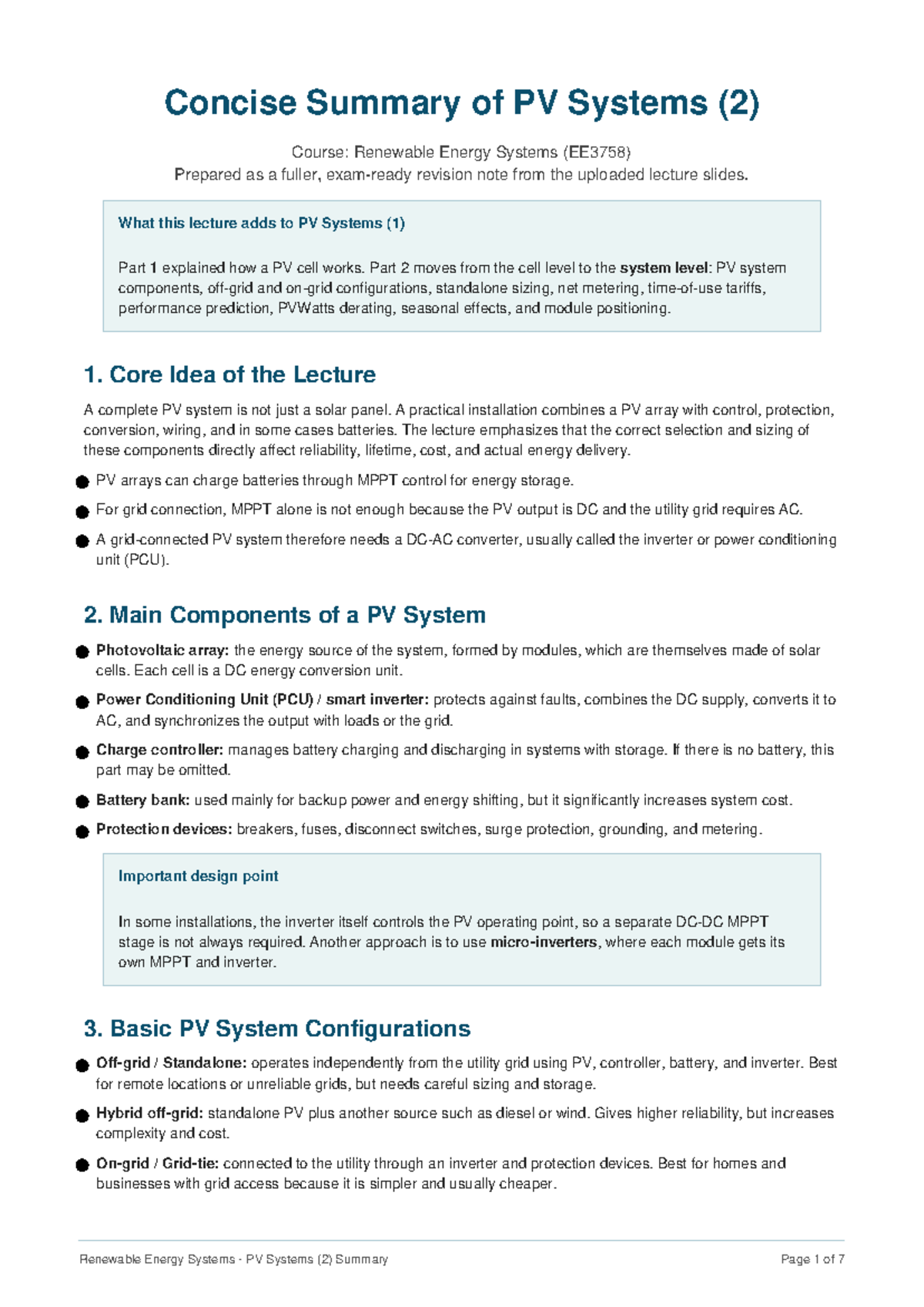 PV Systems (2) Full Concise Summary - EE3758 Renewable Energy Systems ...