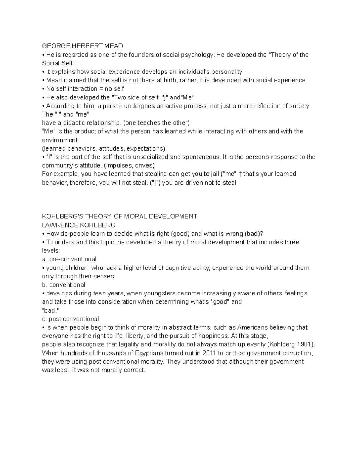 GEORGE HERBERT MEAD & KOHLBERG'S MORAL DEV. THEORIES - Studocu