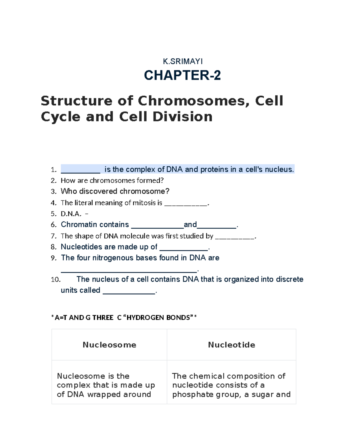 BIO CH-2: Structure of Chromosomes, Cell Cycle & Division Notes - Studocu