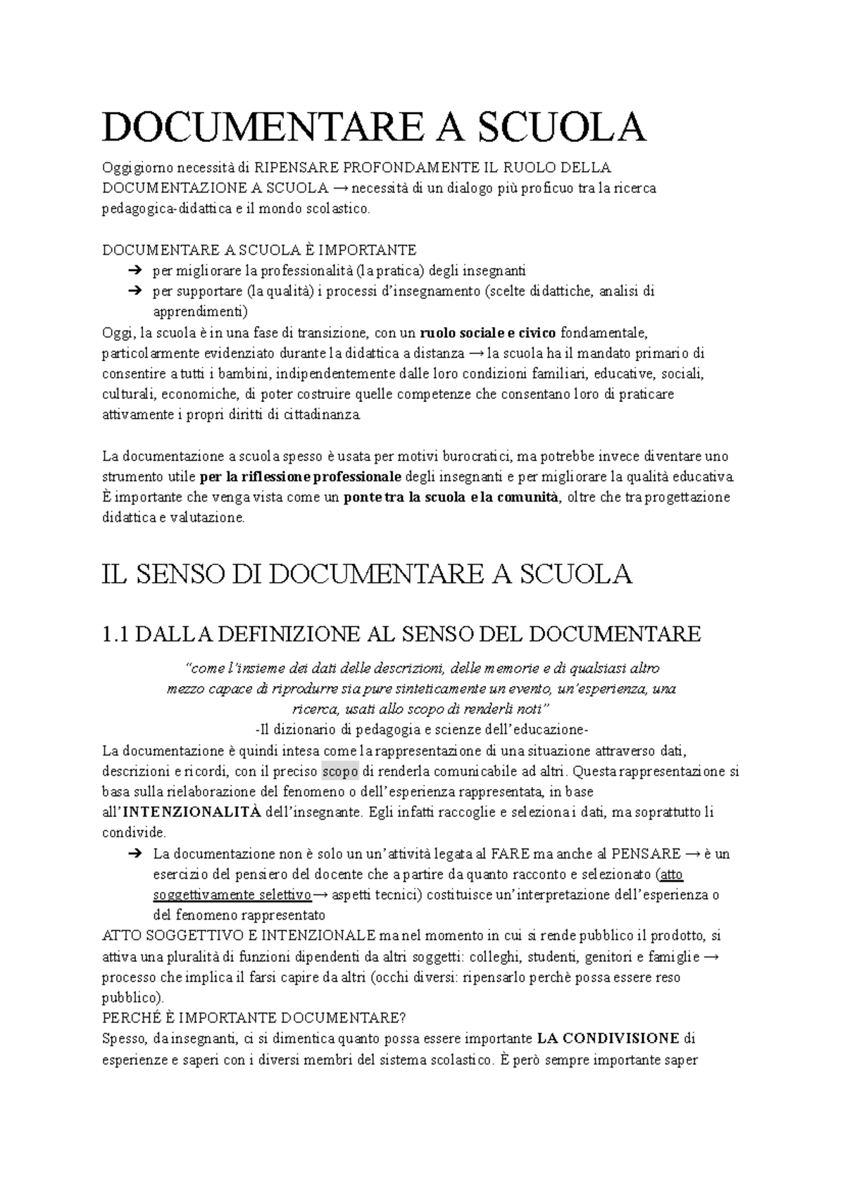 RIPENSARE LA DOCUMENTAZIONE A SCUOLA: UN DIALOGO NECESSARIO - Studocu