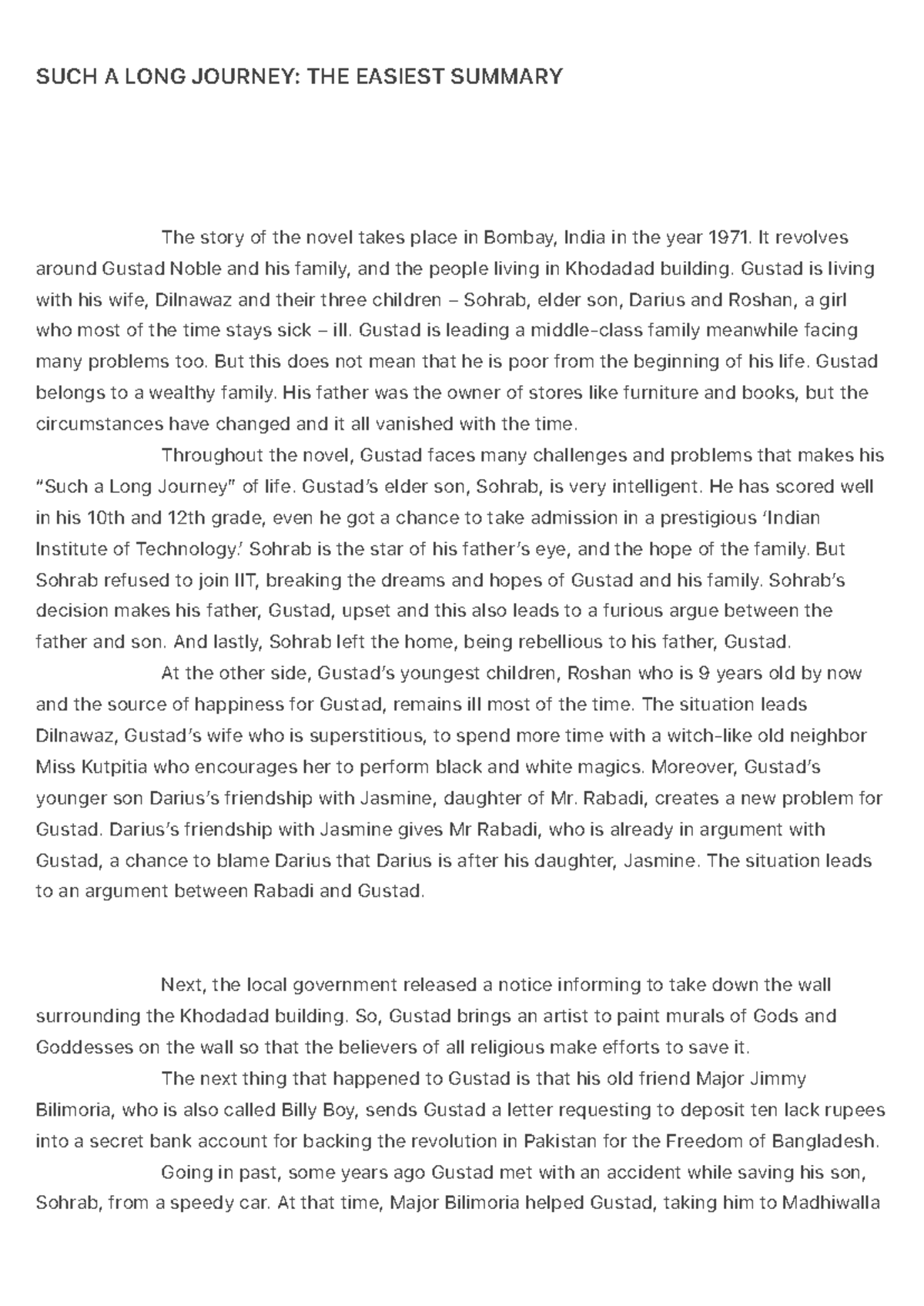 SUCH A LONG JOURNEY: EASIEST SUMMARY OF THE NOVEL - Studocu