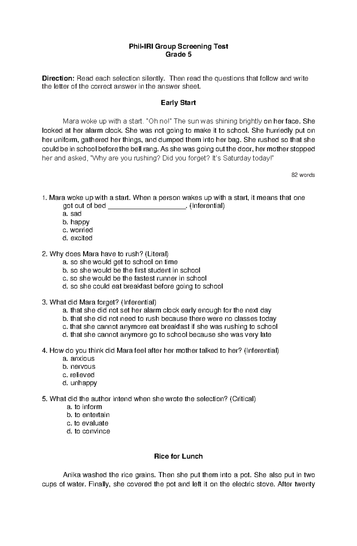 Gr. 5 GST English - Group Screening Test Questions and Answers - Studocu