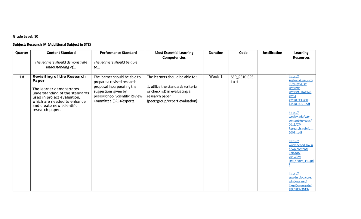 Grade 10 STE Research IV: Mastery of Research Proposal & Projects - Studocu