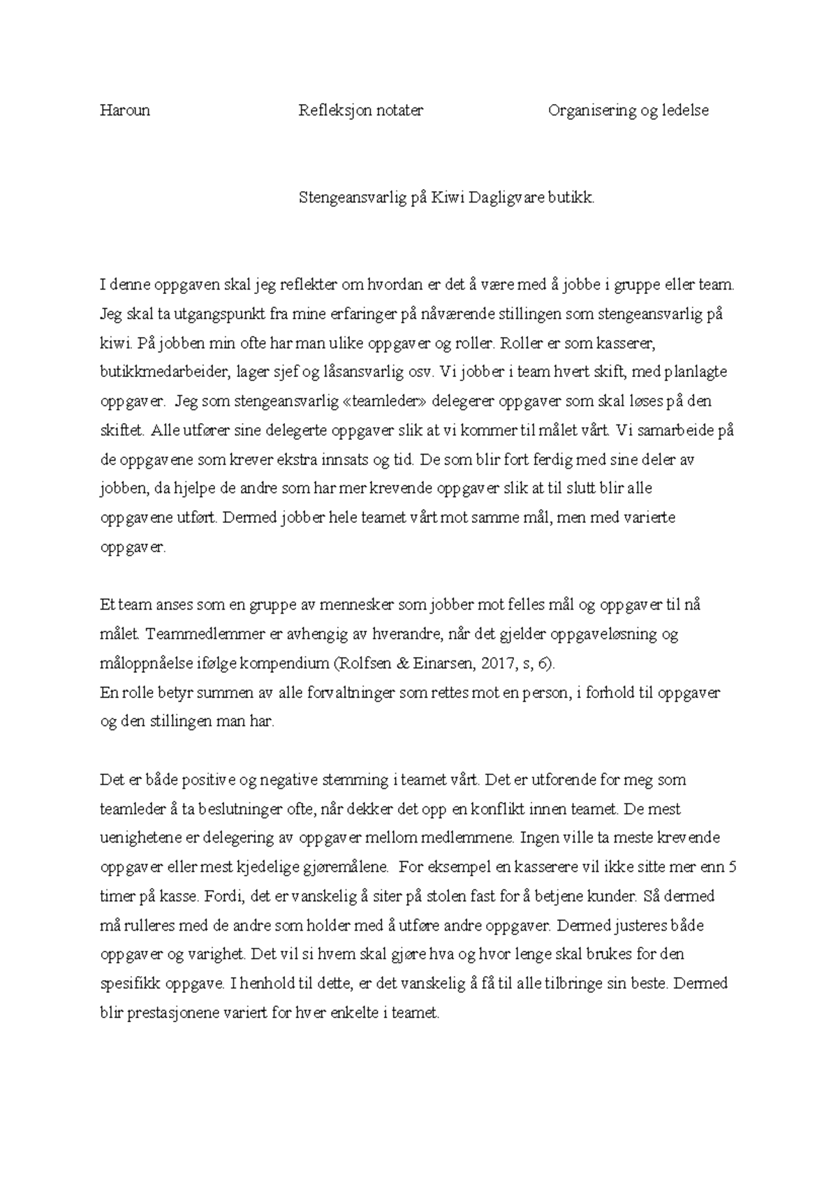 Haroun Refleksjon notater Organisering og ledelse - Haroun Refleksjon notater Organisering og ...