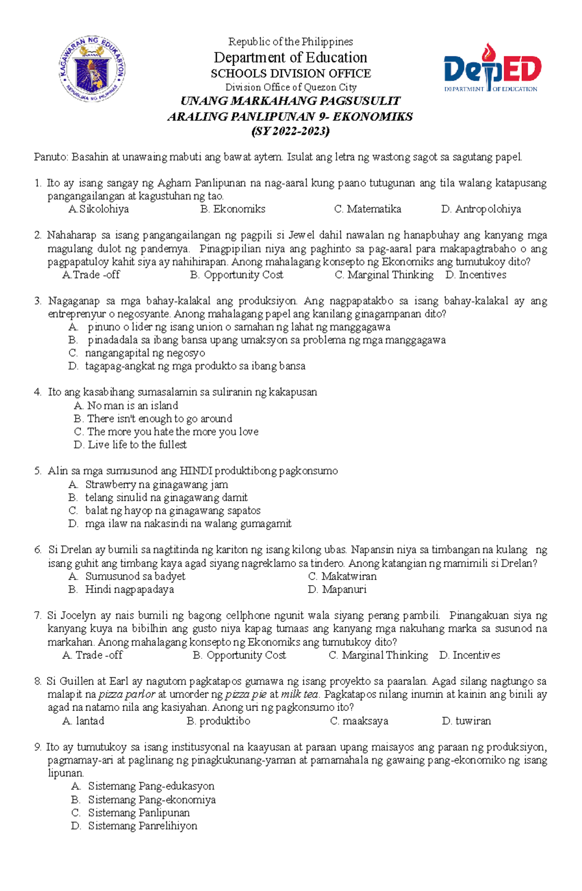 First- Periodical-TEST-2022 - Republic of the Philippines Department of ...