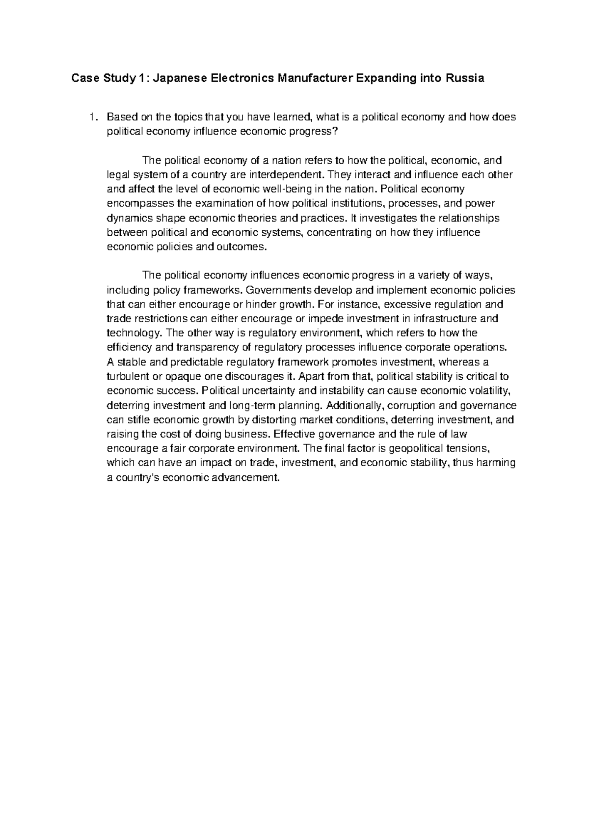 Case Study 1: Political Economy Impact on Japanese Electronics in ...