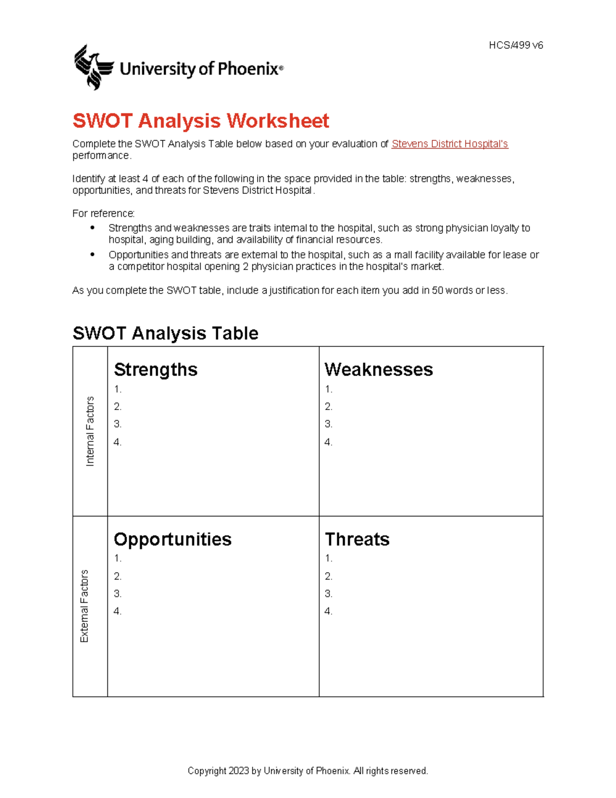 HCS499 v6 Week 3 SWOT Analysis Worksheet for Stevens Hospital - Studocu
