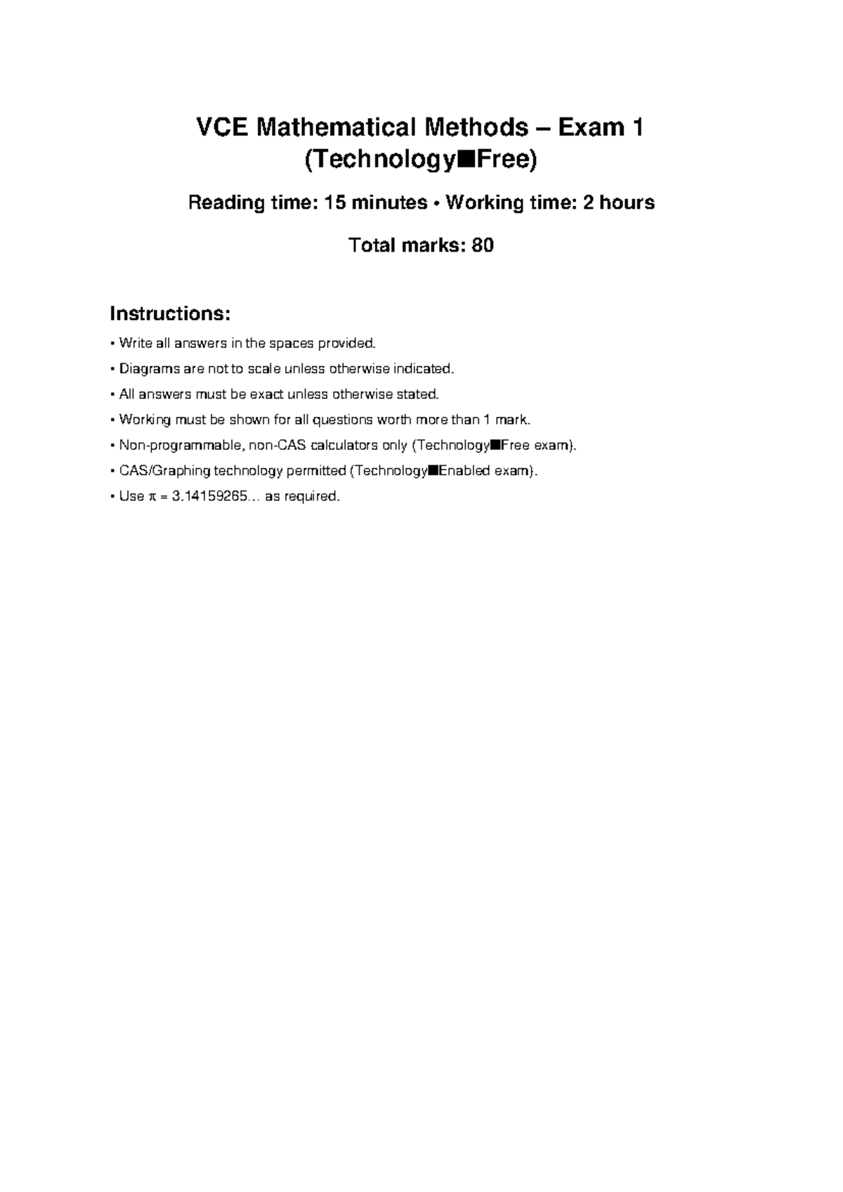 VCE Mathematical Methods Exam 1 - Tech Free Version - Studocu