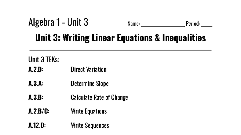 Unit 3: Writing Linear Equations & Inequalities - Algebra 1 - Studocu