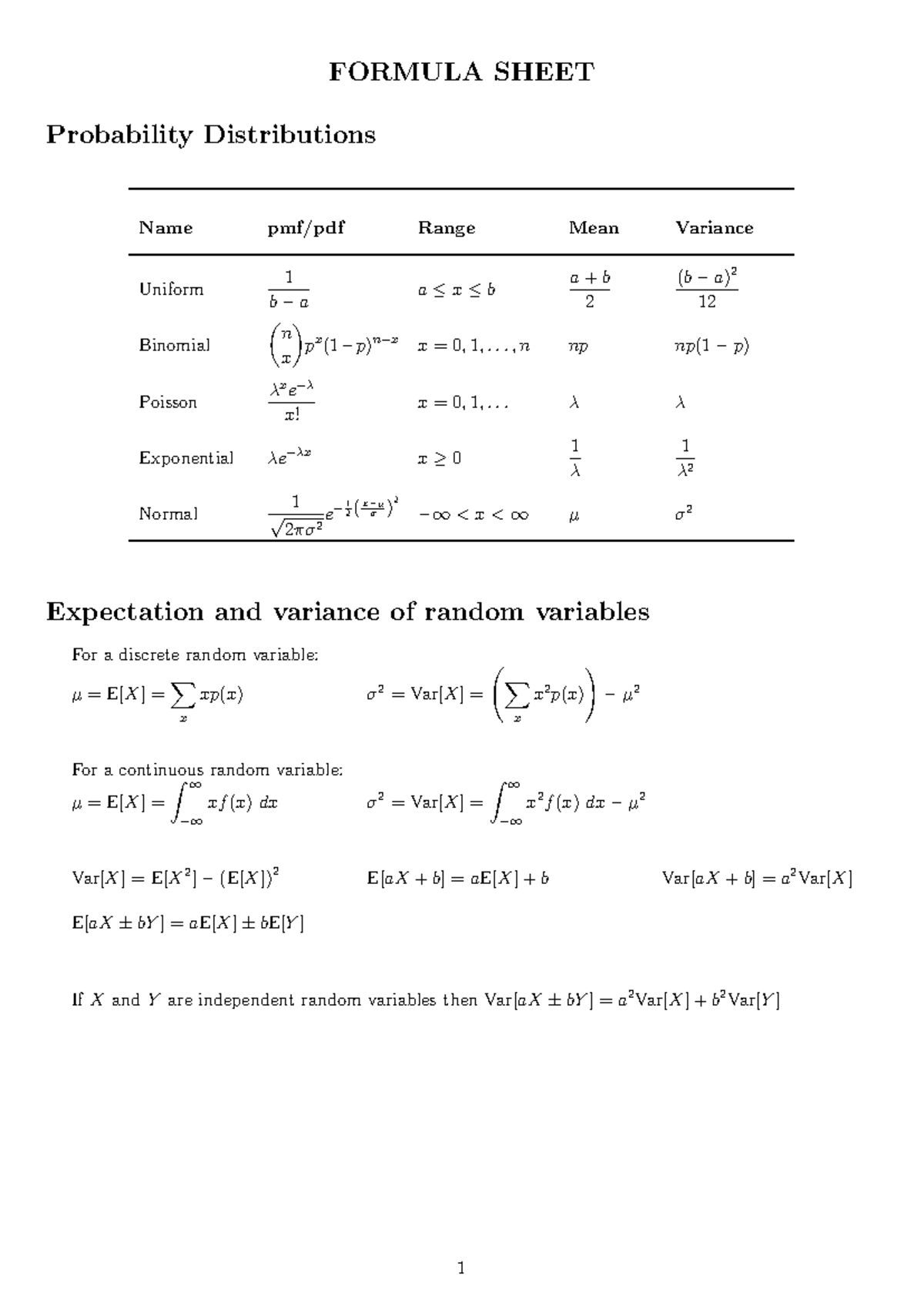 Test 2 Formula Sheet: Probability Distributions and Variance - Studocu