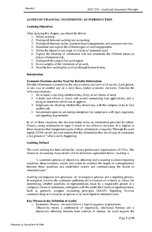 ACC 310 - M004 - Lecture notes 4 - `````Page 1 of 12 ACC 310 – Audit ...