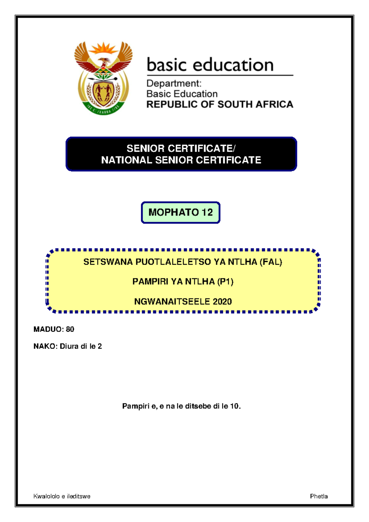 Setswana FAL P1 Exam Paper - November 2020 (SC/NSC) - Studocu