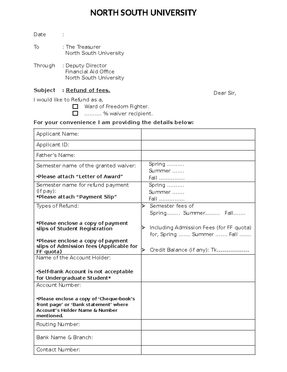 Refund Application for Fee Waiver - North South University - Studocu