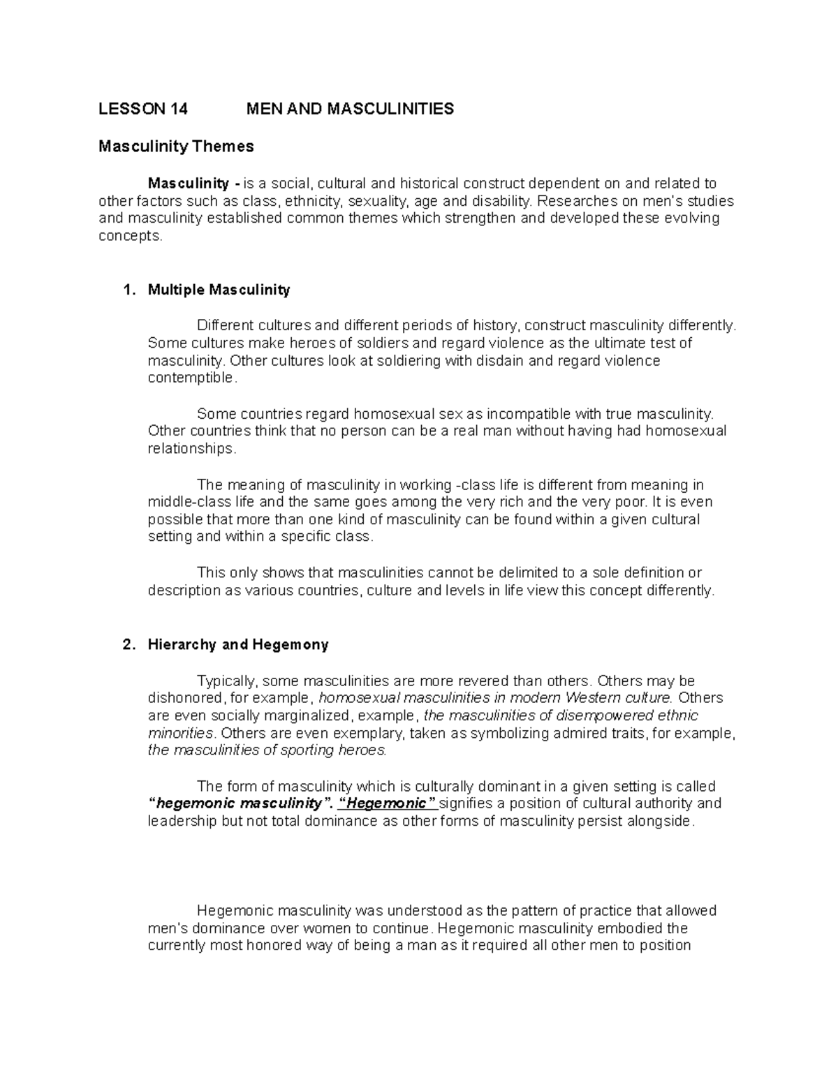 Lesson 14: Understanding Men and Masculinities in Society - Studocu