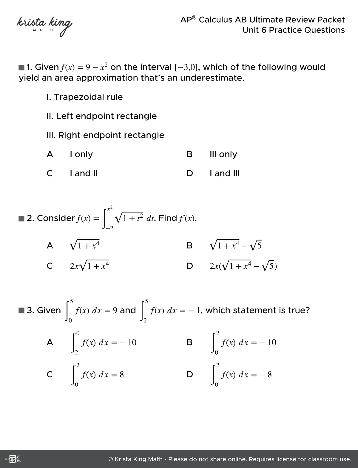 Calculus AB Unit 6 Practice Questions Review Packet - Studocu