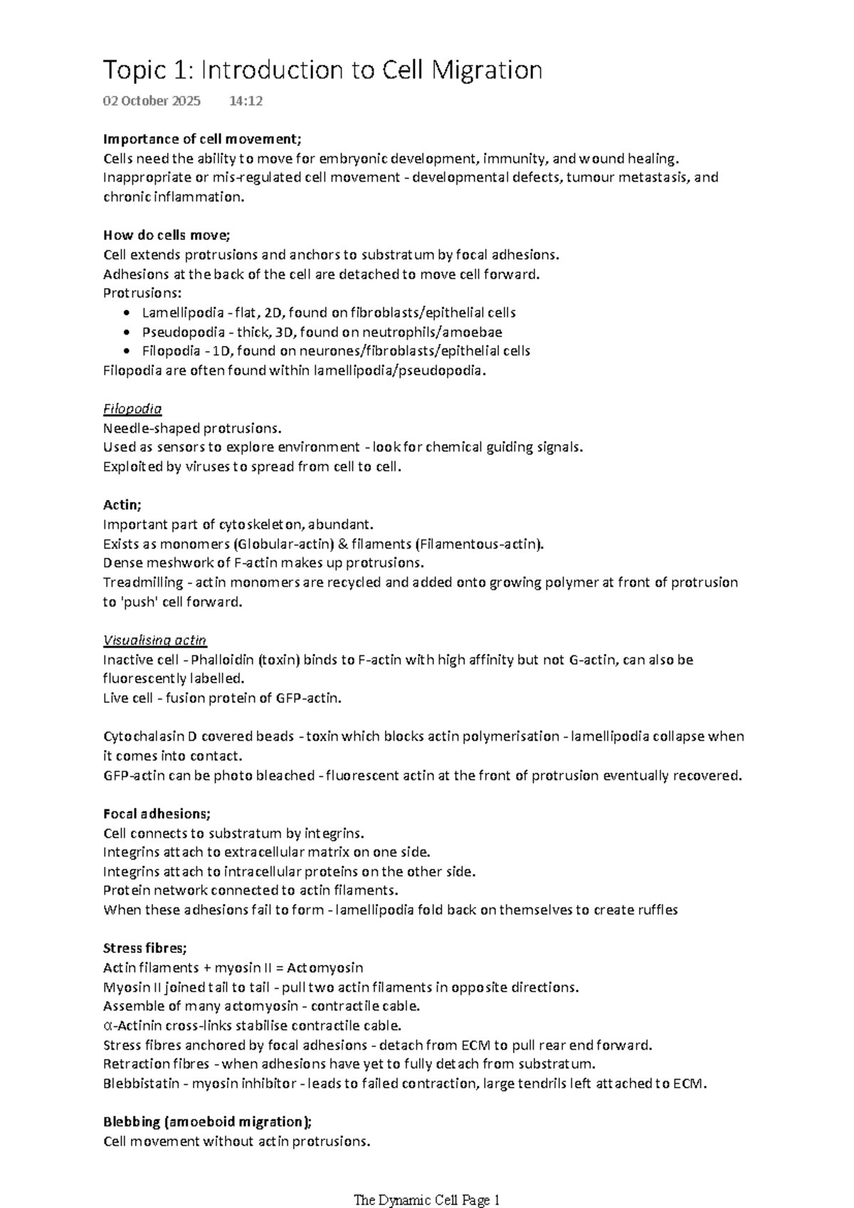 Topic 1: Intro to Cell Migration - Mechanisms & Importance - Studocu