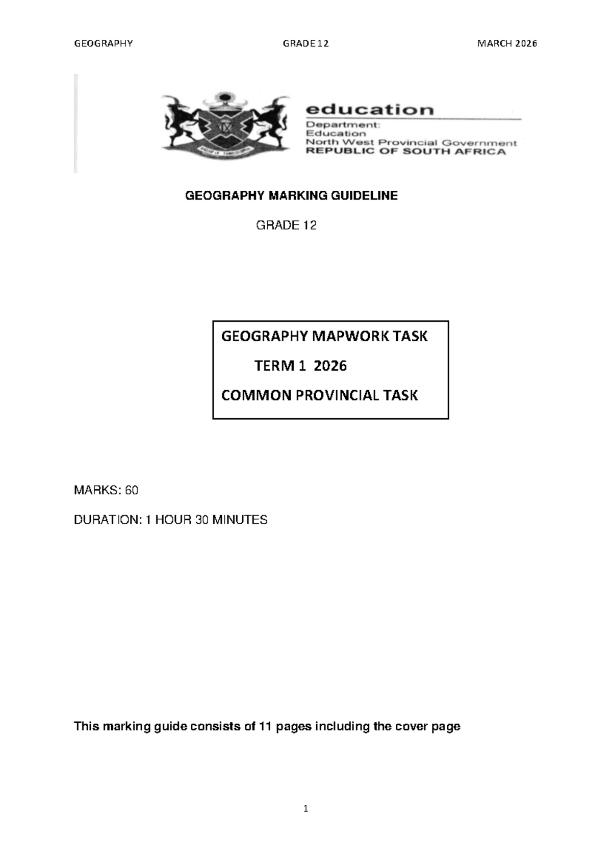 GEOGRAPHY GRADE 12 MAPWORK TASK MARKING GUIDE MARCH 2026 - Studocu