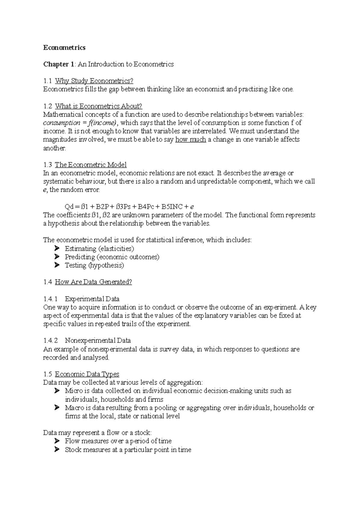 Econometrics summary - Econometrics Chapter 1: An Introduction to Econometrics 1 Why Study ...