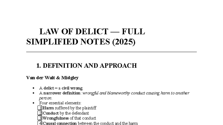 LAW OF DELICT FULL SIMPLIFIED NOTES (2025) - Studocu