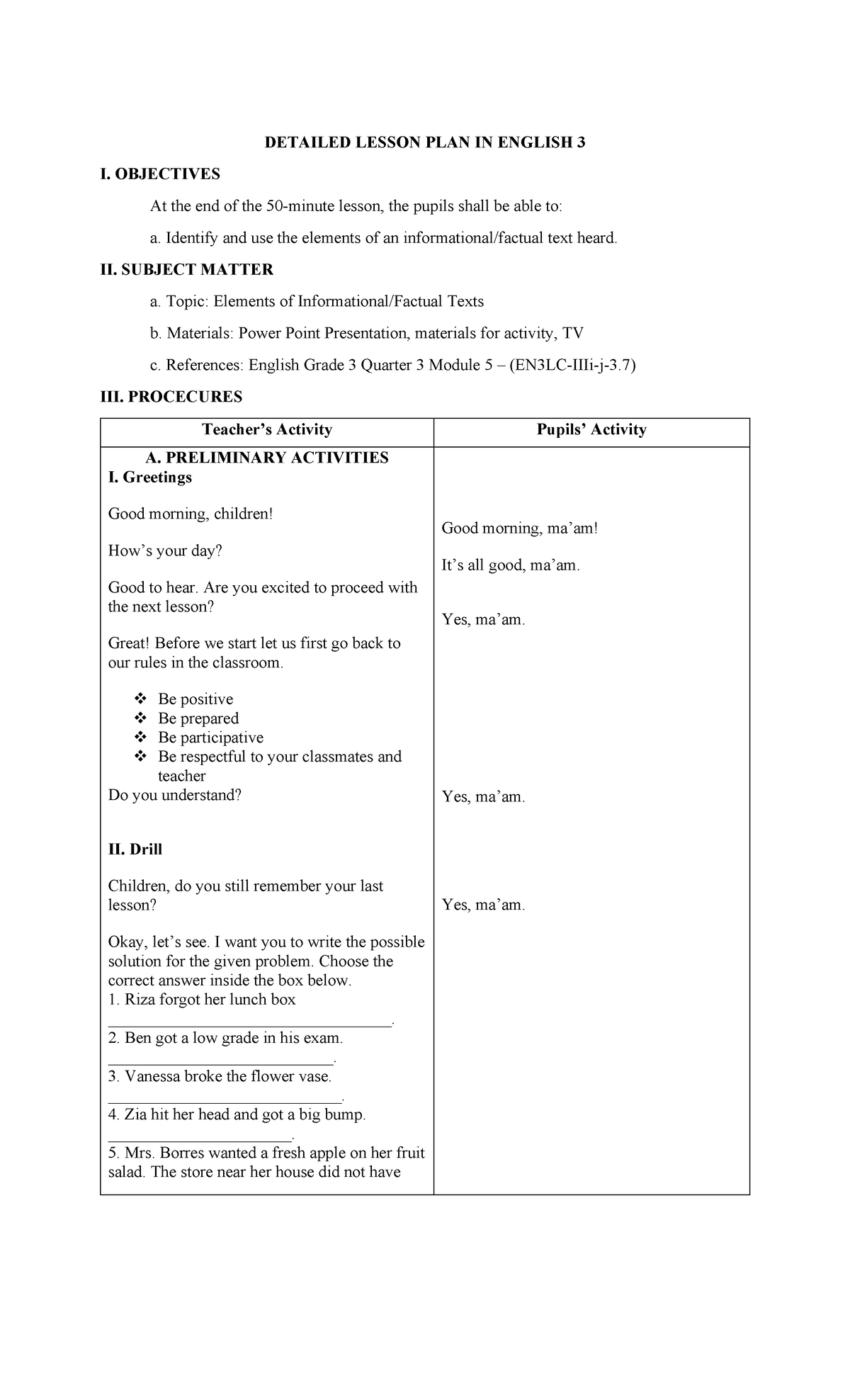 DLP- English 3: Detailed Lesson Plan on Informational Texts - Studocu