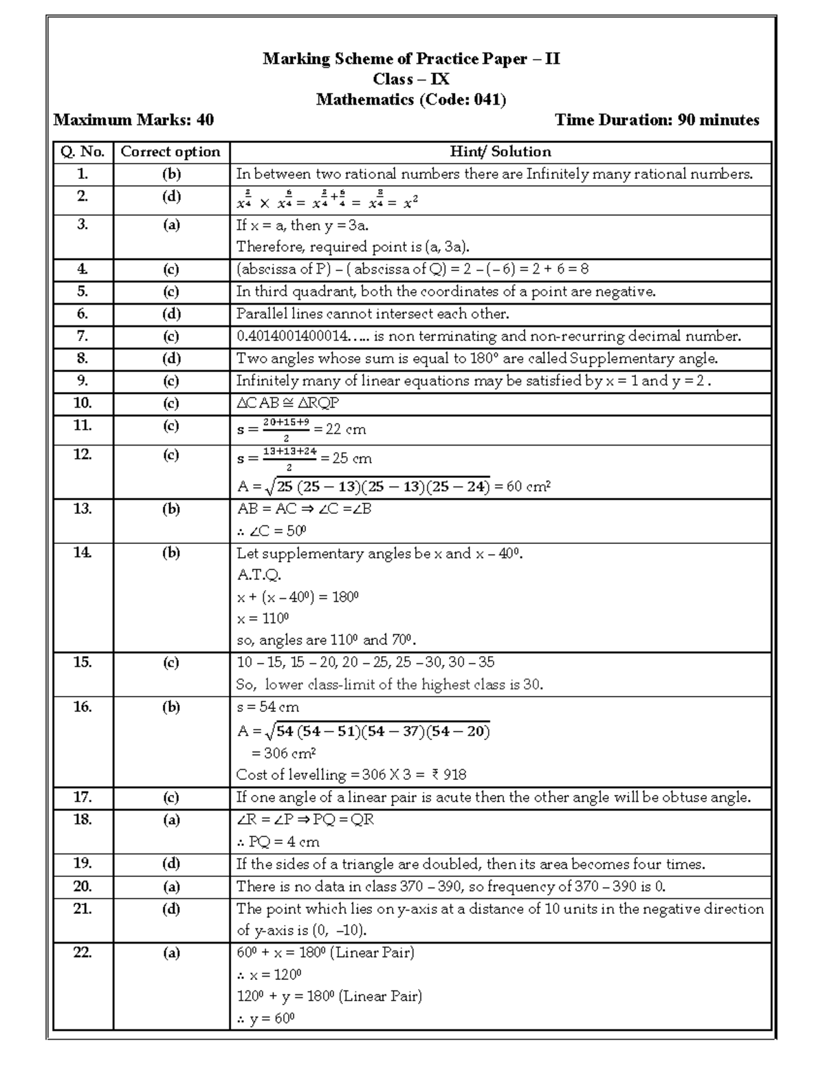 Marking Scheme for Practice Paper II Class IX Maths (Code: 041) - Studocu
