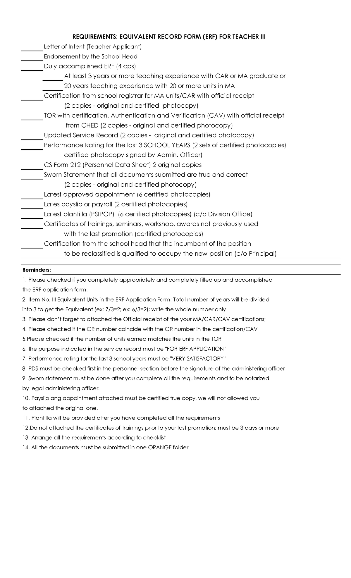 ERF Application Requirements for Teacher III Position - Studocu
